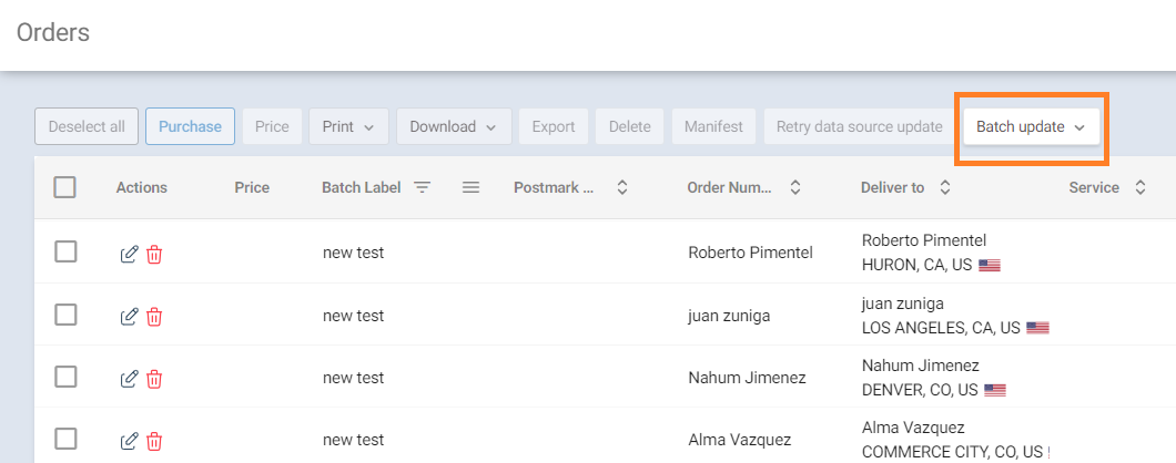 Can I batch update consignee information and delivery address for a group of orders ...